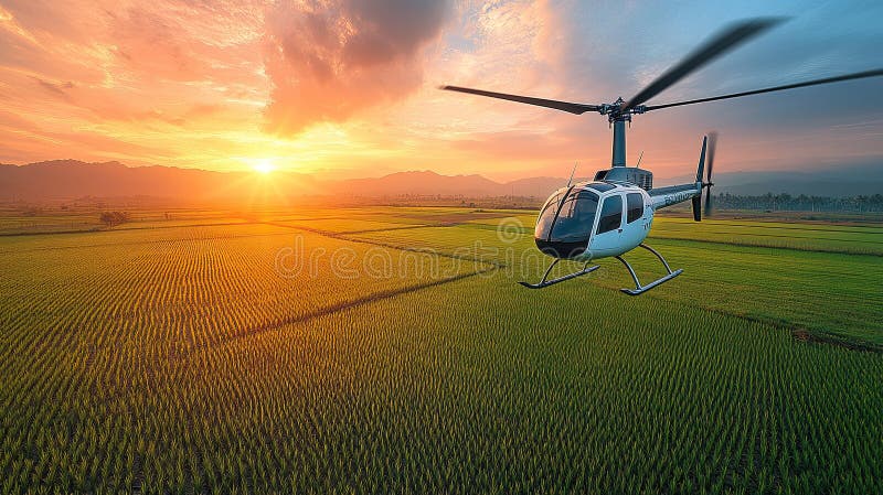Helicopter Sunset Flight Over Rice Paddy Fields Stock Illustration ...