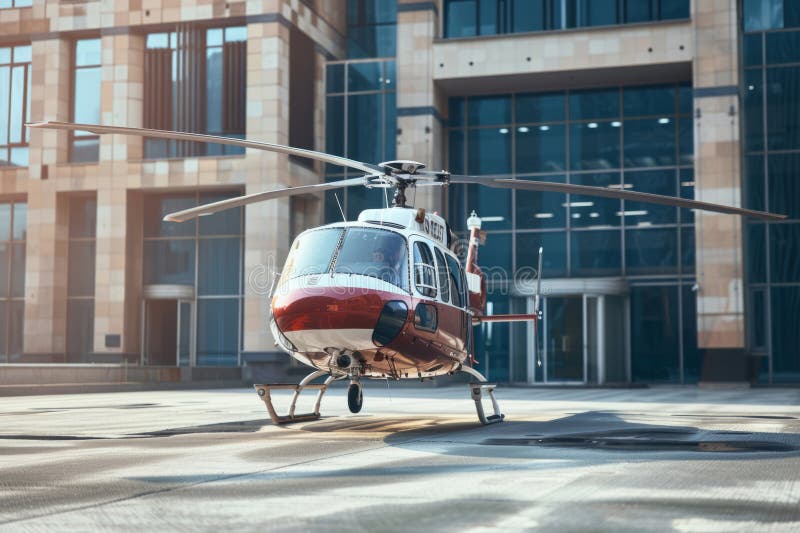 Helicopter Taking Off from a Helipad Near Office Building Stock Photo ...