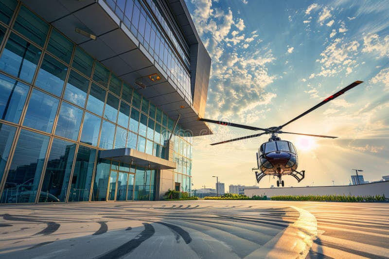 Helicopter Taking Off from a Helipad Near Office Building Stock Photo ...