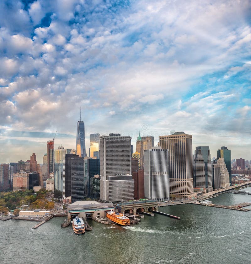 Helicopter View of Downtown Manhattan and East River Stock Photo ...