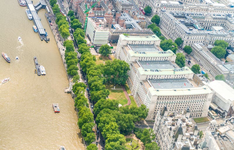 Helicopter View of London with Buildings and River Thames Stock Image ...