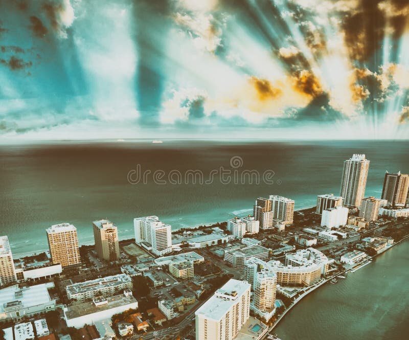 Helicopter View of Miami Beach at Dusk, Florida - USA Stock Photo ...