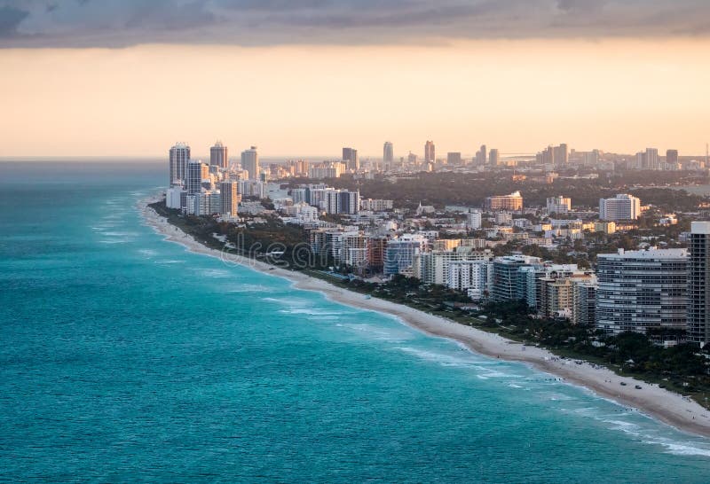 Helicopter View of Miami Beach. Sunset in Florida Stock Image - Image ...