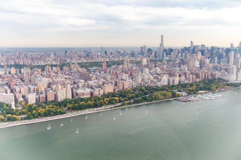 Helicopter View of New York City Along Hudson River Stock Photo - Image ...