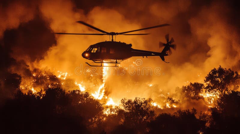 Helicopter Water Drop on Wildfire. Emergency Service in Action. Forest ...