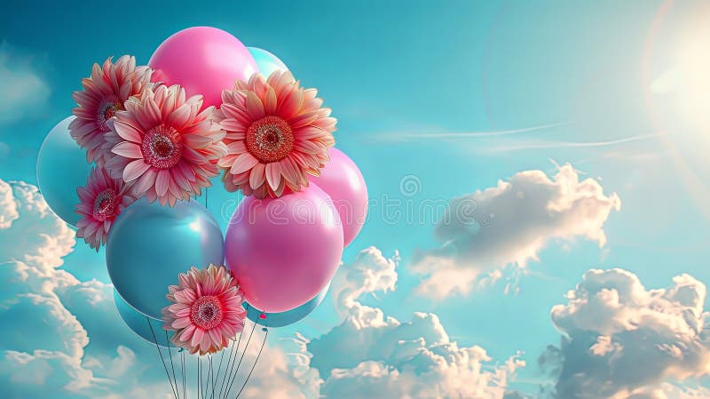 Helium Balloons and Flower Bouquet Flying Up in the Sky with Clouds ...