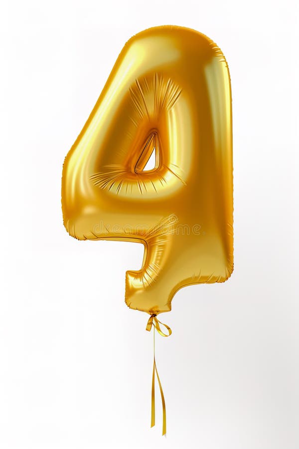 Helium Golden Balloon Shape of Number Four, 4. Isolated on White Stock ...