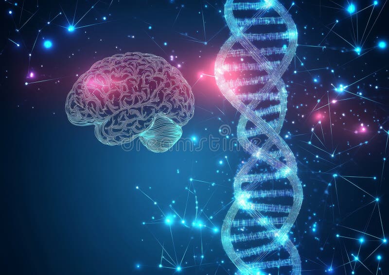 The Helix of a DNA Molecule and a Brain in an Abstract Blue and Purple ...