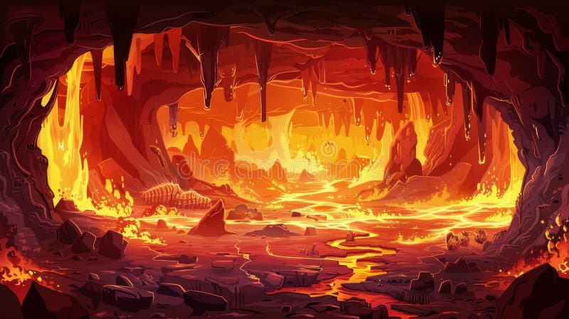 Hell Landscape, Hot Volcano Cave with Liquid Magma Dripping Down Cracks ...