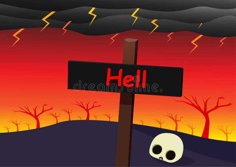 Hell Landscape with Signpost, Skull and Strom Stock Vector ...