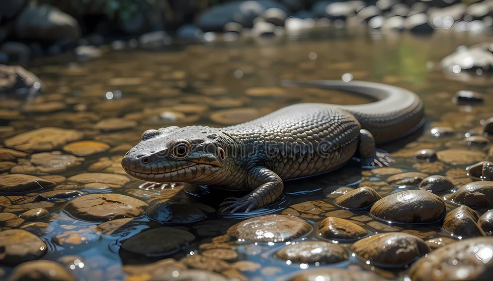 Hellbender Salamander in the Freshwater Stream Stock Illustration ...