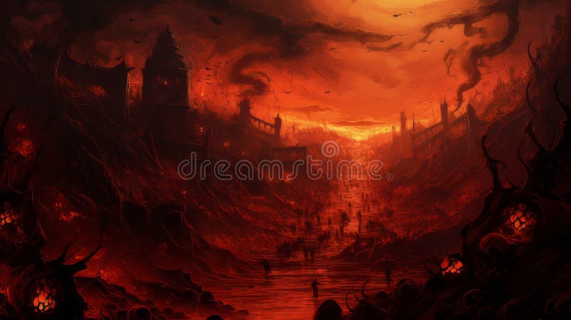 Hellfire City a Macabre Metropolis Ravaged by Lightning and Fire Stock ...