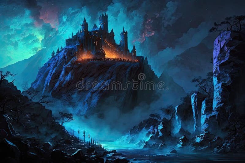 Hellish Atmosphere, a Dark Castle in a Valley a Digital Painting Stock ...