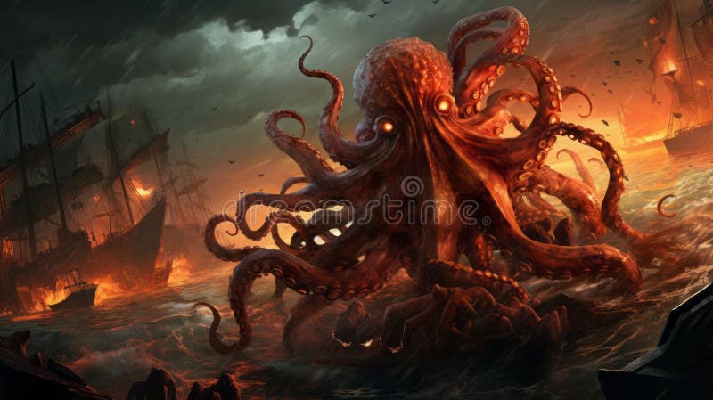 Hellish Octopus Surrounded by Ships: a Horror-inspired Ocean Scene ...