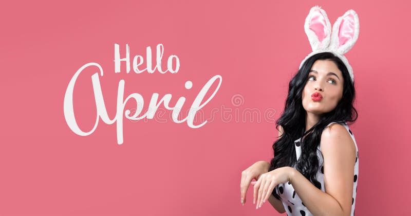 Hello April Message with Woman with Easter Theme Stock Photo - Image of ...