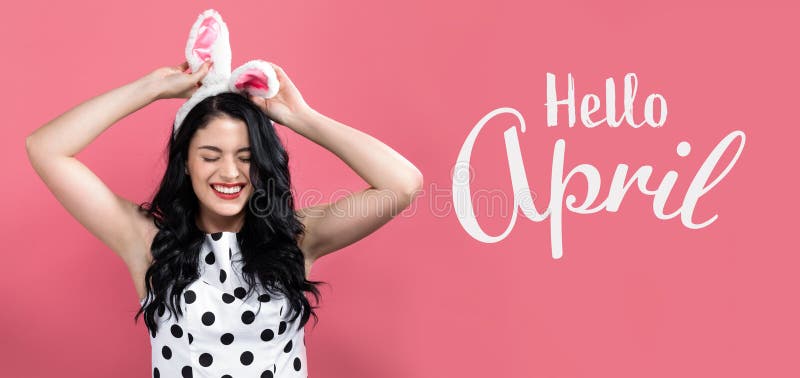 Hello April Message with Woman with Easter Theme Stock Photo - Image of ...
