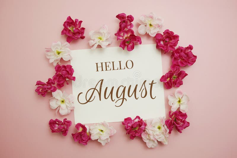 Hello August Card Typography Text with Flower Bouquet on Pink ...