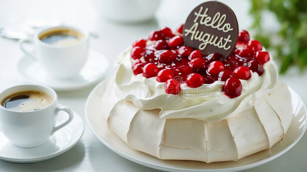 Hello August! Pavlova Cake with Cherries and Greeting Chocolate Text ...