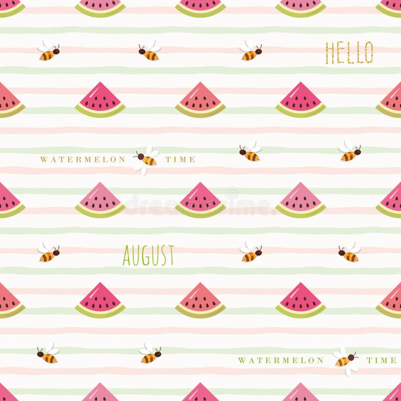 Hello August Seamless Pattern with Watermelon Pieces and Flying Bees ...