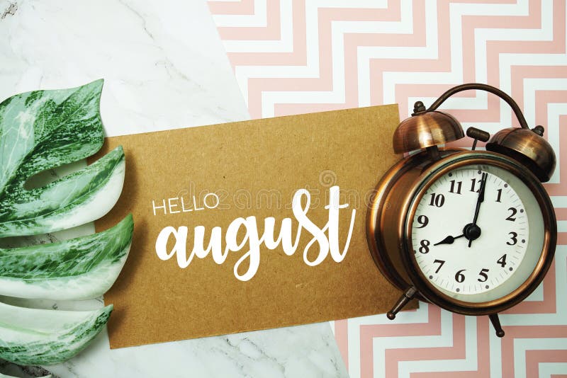 Hello August Typography Text on Paper Card with Alarm Clock and ...
