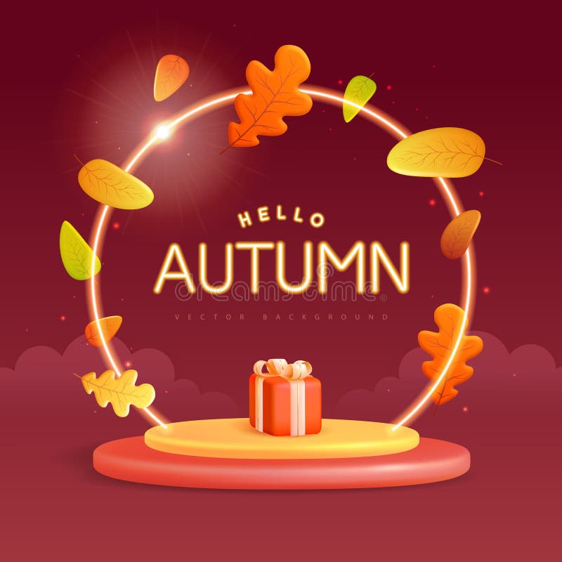 Hello Autumn Background with 3D Plastic Stage, Gift Box, Neon Arch and ...