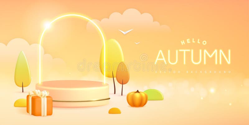 Hello Autumn Background with 3D Plastic Stage and Landscape with Trees ...