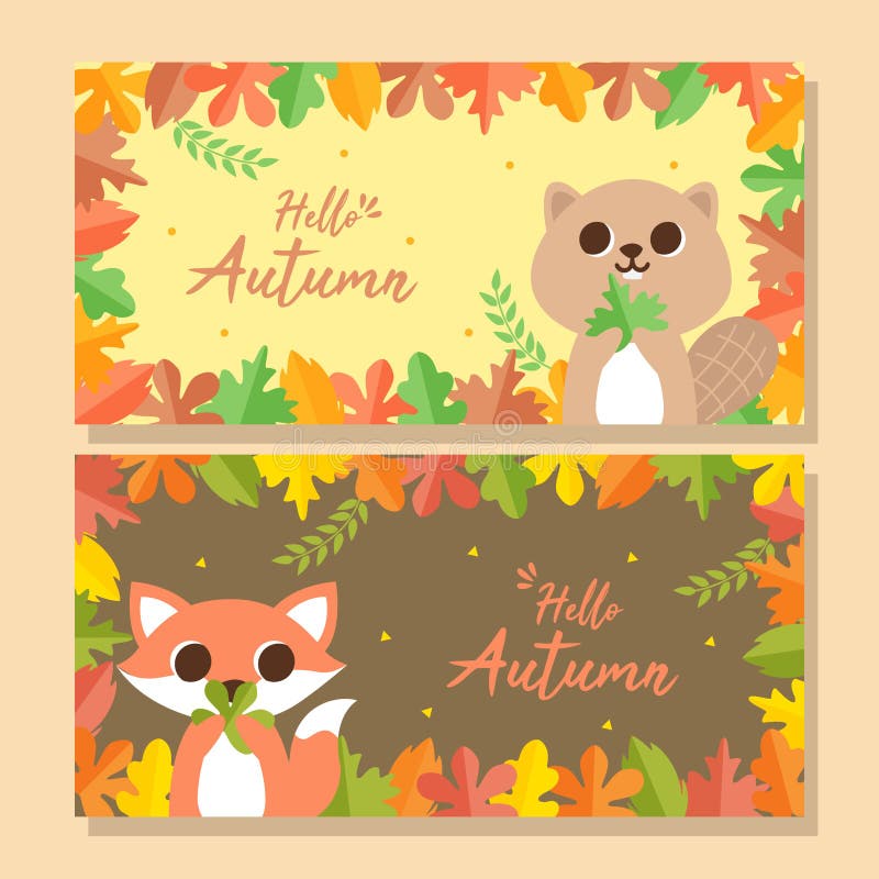 Hello Autumn Banner with Cute Animals Stock Vector - Illustration of ...