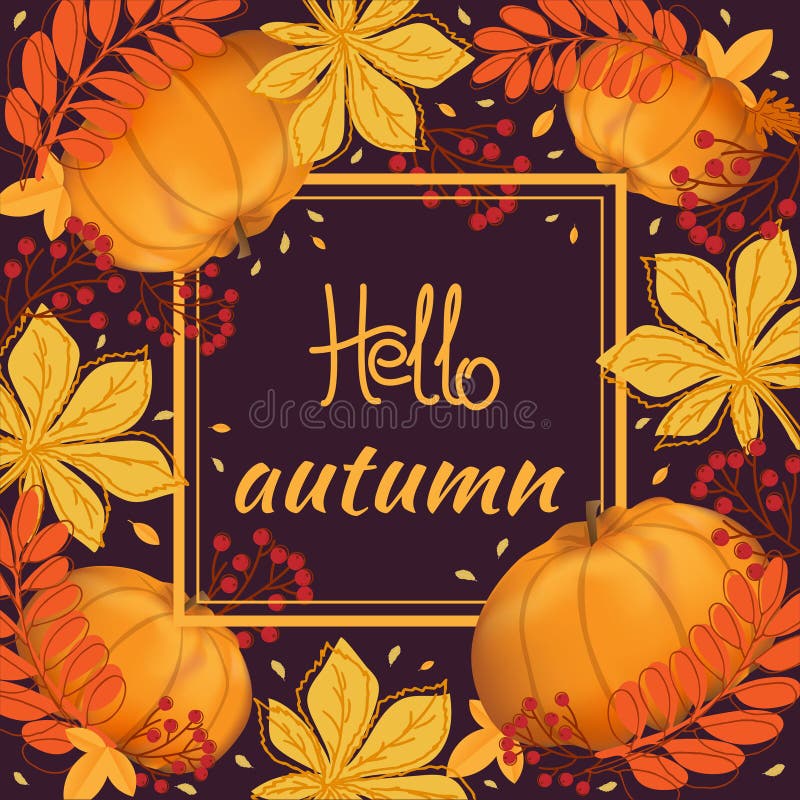 Hello Autumn Banner Poster Card Autumn Leaves Branch With Rowan