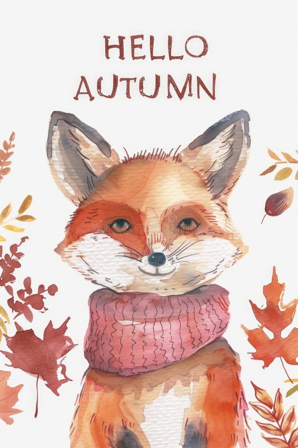 Hello Autumn: Charming Watercolor Illustration of a Fox in a Scarf with ...