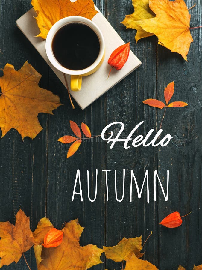 Autumn Coffee . White Cup on the Table with Yellow Maple Leaves and a ...