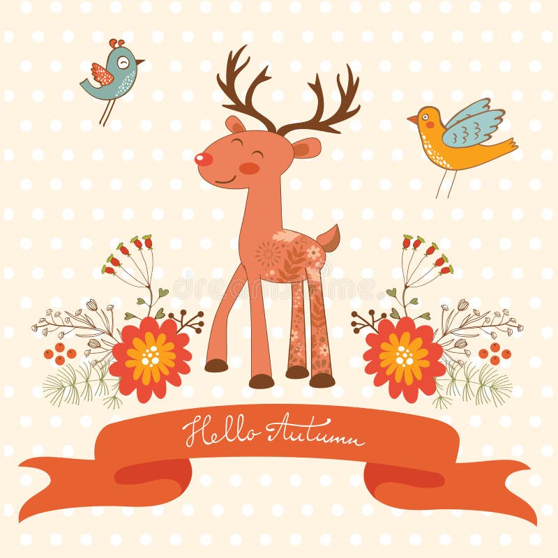 Hello Autumn Concept Card with Cute Deer Stock Vector - Illustration of ...