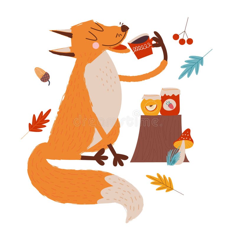 Hello, Autumn. Cute Red Fox with an Umbrella Drinking Tea Stock Vector ...