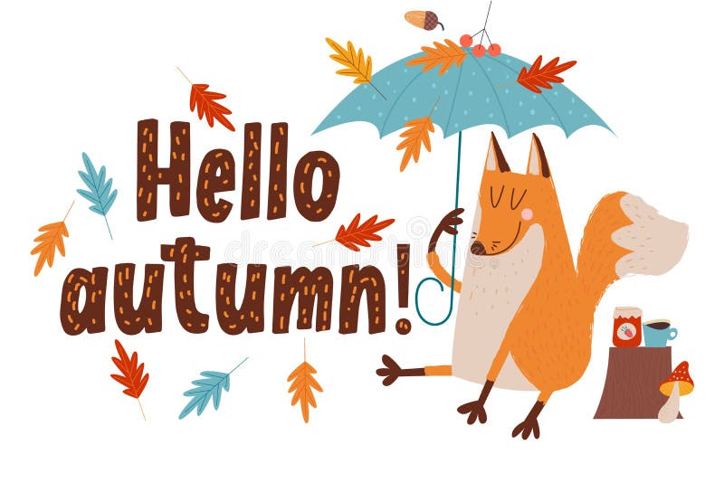 Hello, Autumn. Cute Red Fox Drinking Tea with Jam Stock Vector ...