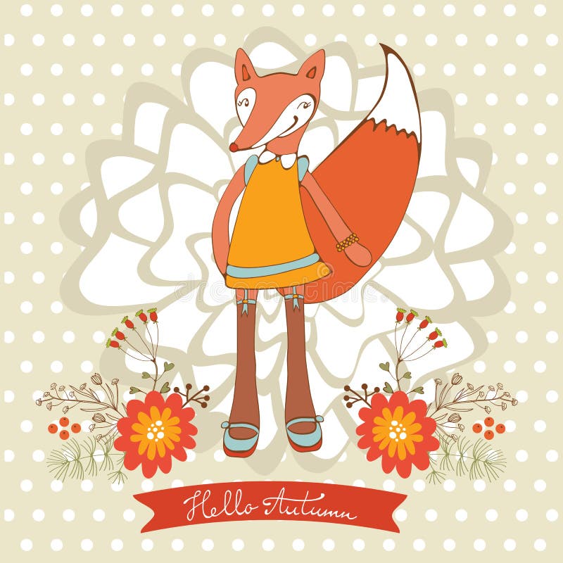Hello Autumn Elegant Card with Cute Fox Character Stock Vector ...