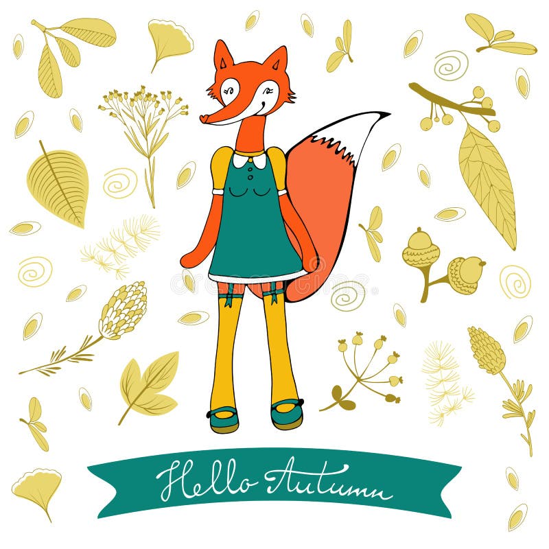 Hello Autumn Elegant Card with Cute Fox Character. Stock Vector ...