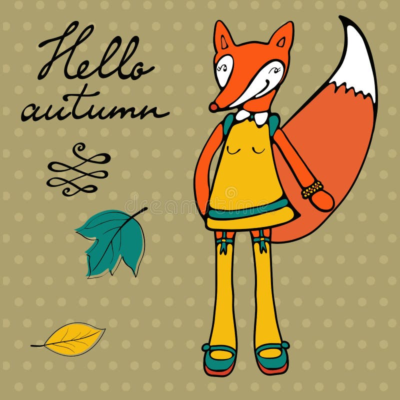 Hello Autumn Elegant Card with Cute Fox Character Stock Vector ...