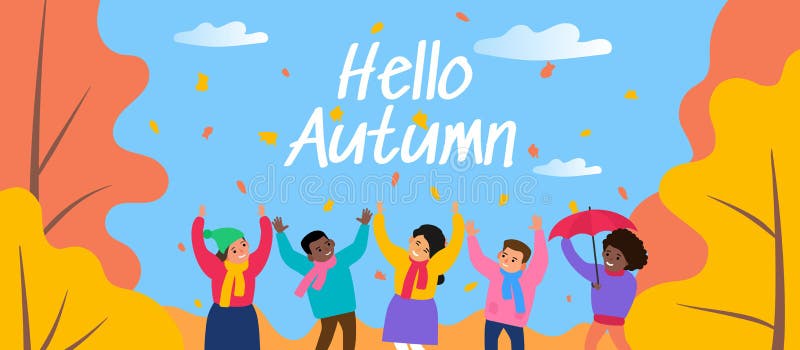 Hello Autumn Group of Multiracial Children Enjoy Falling Leaves in the ...