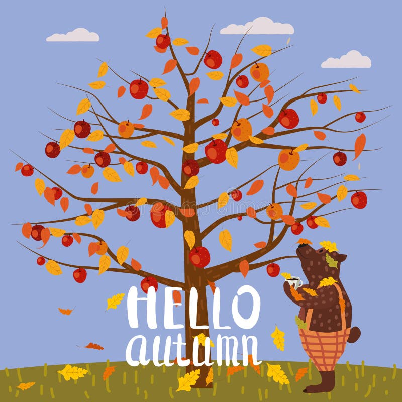Hello Autumn Lettering Apple Tree. Cute Bear Covered Fallen Autumn ...