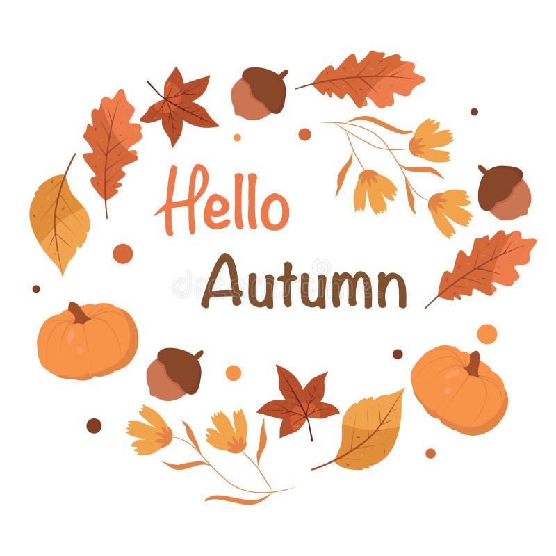 Hello Autumn Lettering with Orange Leaves. Fall Vector Illustration ...