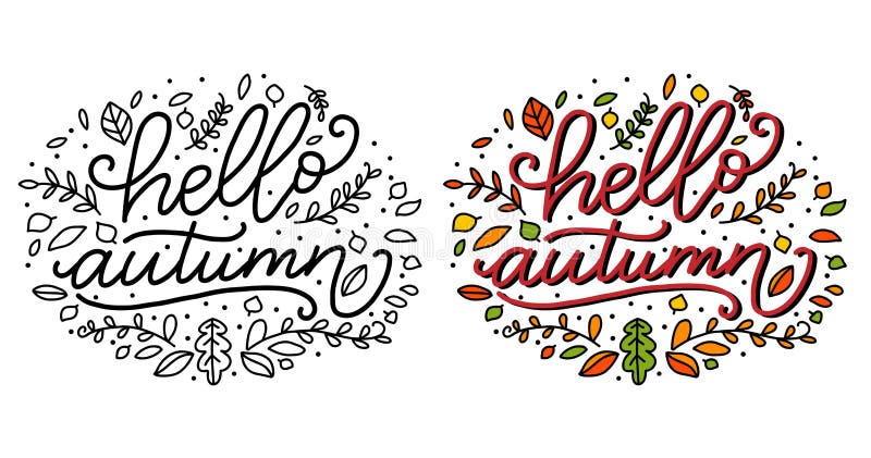 Hello Autumn Lettering Phrases Vector Isolated Illustration Stock ...