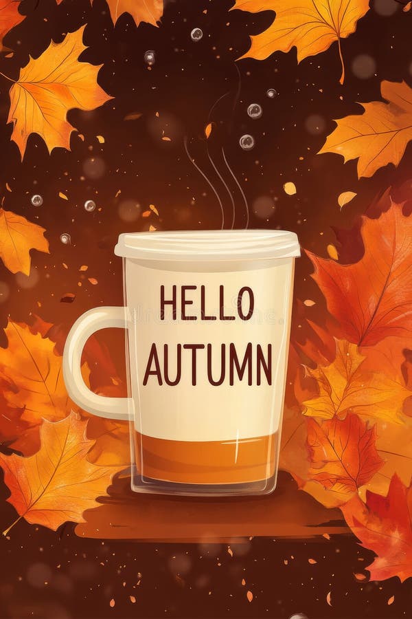 Hello Autumn Message with Falling Leaves and Cup of Coffee, Seasonal ...