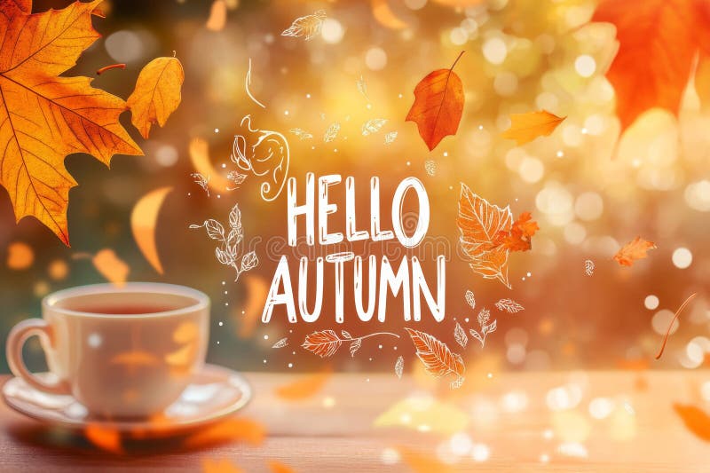Hello Autumn Message with Falling Leaves and Cup of Coffee, Seasonal ...