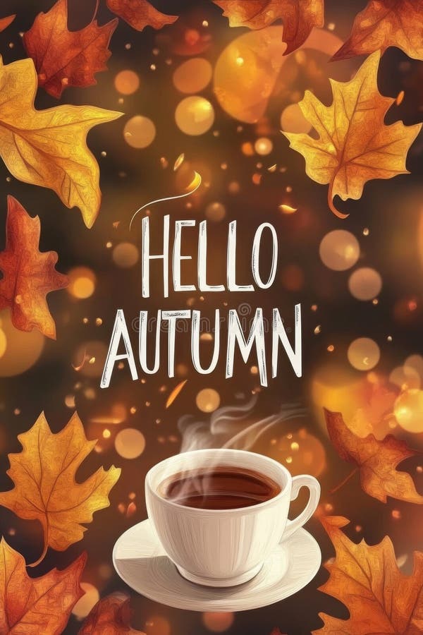 Hello Autumn Message with Falling Leaves and Cup of Coffee, Seasonal ...
