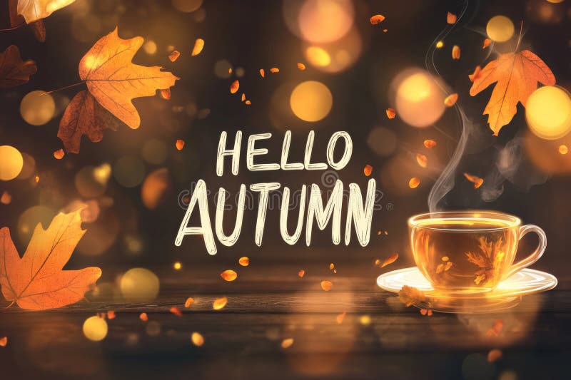 Hello Autumn Message with Falling Leaves and Cup of Coffee, Seasonal ...