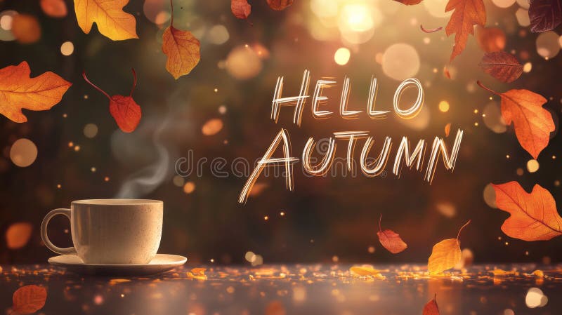 Hello Autumn Message with Falling Leaves and Cup of Coffee, Seasonal ...