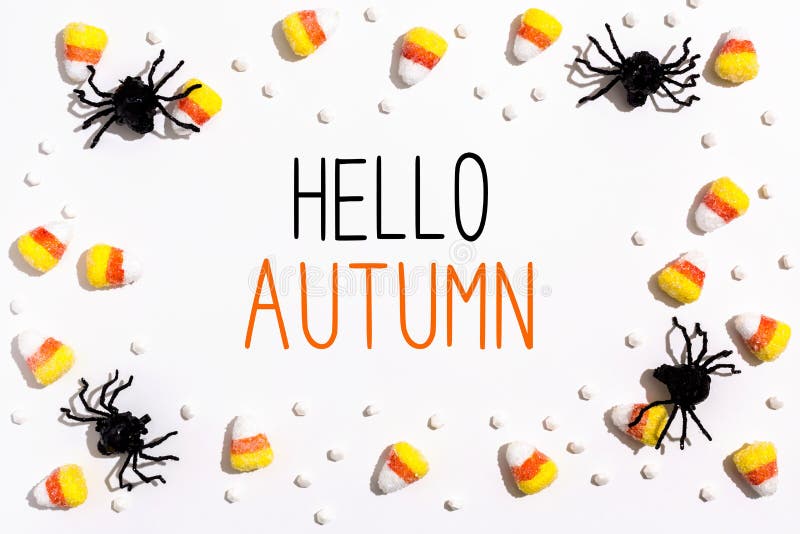 Hello Autumn Message with Spiders Overhead View Stock Photo - Image of ...