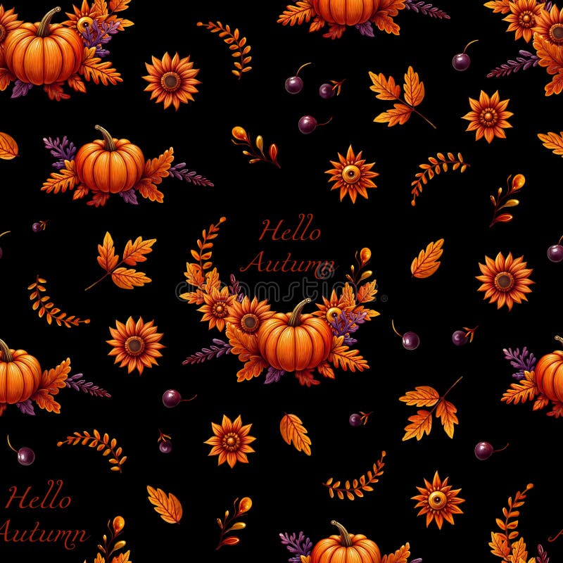 Hello Autumn. Autumn Pattern with Sunflowers, Leaves, Twigs, Berries on ...