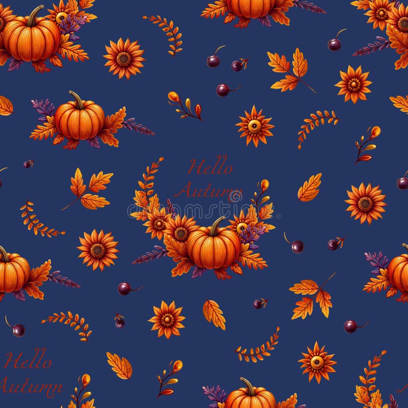 Hello Autumn. Autumn Pattern with Sunflowers, Leaves, Twigs, Berries ...