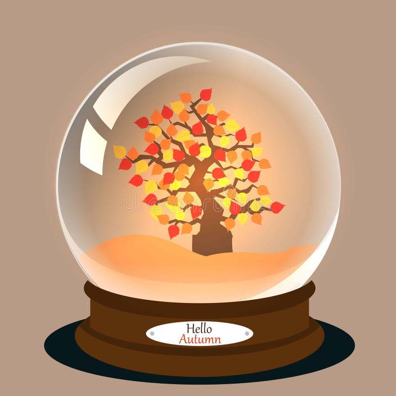 Hello Autumn. Autumn Tree Inside a Snow Globe with Colorful Falling ...