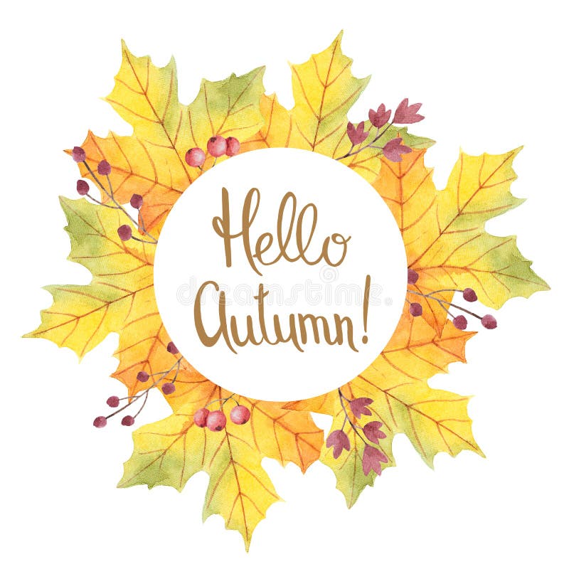 Hello Autumn Watercolor Round Frame With Colored Leaves And Hand